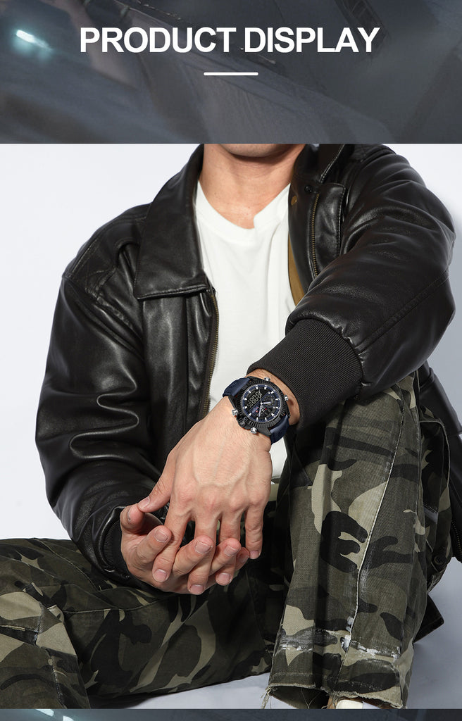 NAVIFORCE Men Quartz LCD Dual Display Watch with Leather Strap 3ATM Wa ...